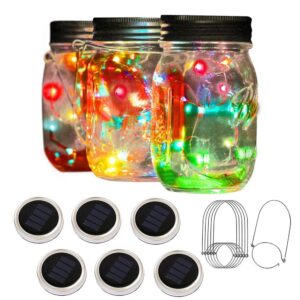 paprma 6 pack solar mason jar lights, 20 led jar lid fairy string lights with 6 hangers, decorations for party garden patio path christmas, colorful(jar not included)