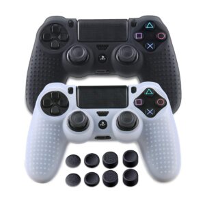 silicone covers compatible with ps4 controller - 2 pack anti-slip protector controller case skins - with 4 pairs thumb grips - black & white