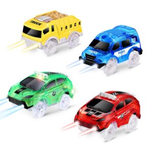 quoxo 4 pack tracks cars replacement only, glow in the dark racing car track accessories for kids boys and girls