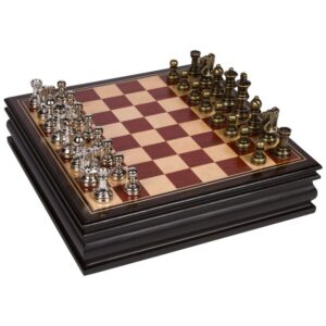 bancroft chess inlaid wood board game with metal pieces, 2.5 inch king, and extra queens (medium 12 x 12 inch set)