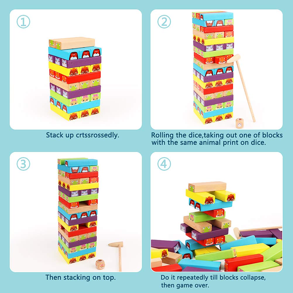 Lewo Colored Stacking Game Wooden Building BlocksTower Board Games for Kids Adults 54 Pieces (Colorful Stacking Gane)