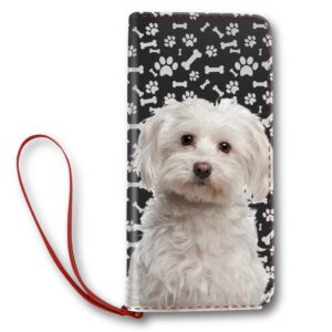 women's leather wallet long lady clutch purse print maltese dogand dog paws, dog mom gifts