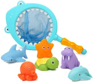 bath toy, water spraying discoloration floating animals, bathroom pool accessory, shark fishing play set for babies and kids