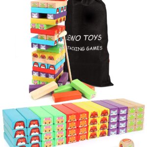 Lewo Colored Stacking Game Wooden Building BlocksTower Board Games for Kids Adults 54 Pieces (Colorful Stacking Gane)