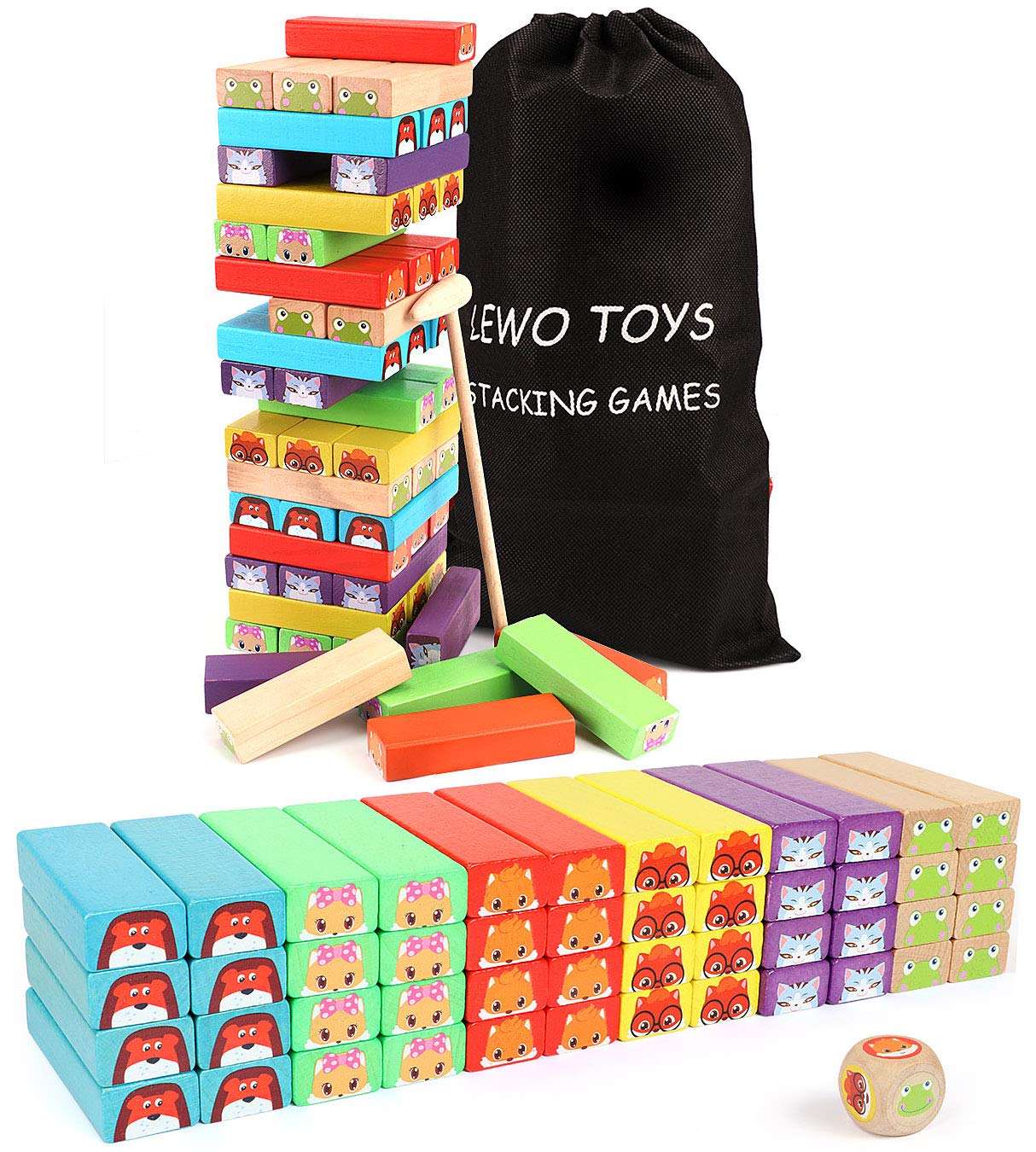 Lewo Colored Stacking Game Wooden Building BlocksTower Board Games for Kids Adults 54 Pieces (Colorful Stacking Gane)