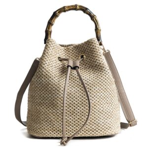 qzunique straw bucket bags for women top handle drawstring woven handbag shoulder bag summer beach purses with bamboo handle