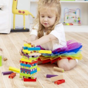 Lewo Colored Stacking Game Wooden Building BlocksTower Board Games for Kids Adults 54 Pieces (Colorful Stacking Gane)