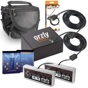 orzly essentials accessory pack for nintendo nes classic (nes mini) - accessories bundle includes 2x control pads, 2x cable extension leads for controllers and 1x travel bag (console not included)