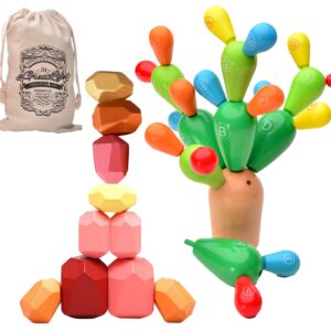 38 pcs wooden stacking stones & wooden cactus toy for fine motor cactus game, balancing cactus toy is made for toddler and kids with easy storage bag, educational stacking tree and rock stocking