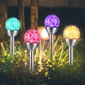 beinhome solar path lights, 4 pack led solar pathway lights - waterproof solar garden stake lights outdoor - 7 color auto changing solar globe lights for garden, yard, walkway, party decoration