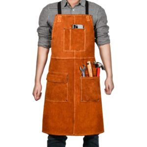 leather welding work apron,woodworking shop apron,heat resistant & flame resistant bib apron, flame retardant heavy duty bbq apron, adjustable fit m-xxxl men & women