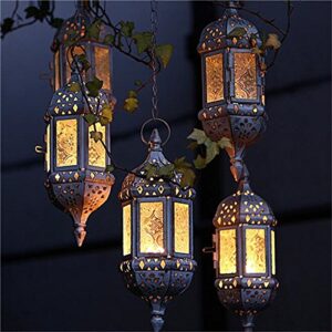 hitommy retro glass iron moroccan hanging art lantern tea pendant light holder home garden decor - brown