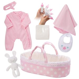 adora adoption babies essentials, 8-piece adoption baby doll accessories and bunny toy includes pink bassinet, ruffled onesie, headband, blanket, and bottle birthday gift for ages 3+ - it's a girl