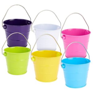 juvale 6 pack mini buckets with handles for kids, small metal buckets for classroom, party favors, mini pails, tin cans for crafts (6 colors, 3.3x2.8 inch)