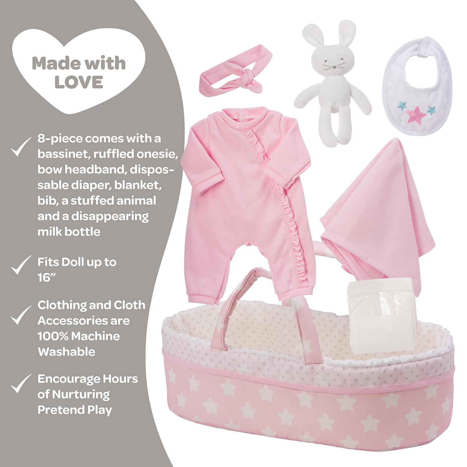 Adora Adoption Babies Essentials, 8-Piece Adoption Baby Doll Accessories and Bunny Toy includes Pink Bassinet, Ruffled Onesie, Headband, Blanket, and Bottle Birthday Gift For Ages 3+ - It's A Girl