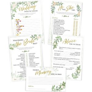 bridal shower games (set of 5 activities for 50 guests) - 5x7 cards, double-sided, floral rustic greenery theme - includes marriage advice cards, bridal emoji - wedding shower decorations favors party supplies