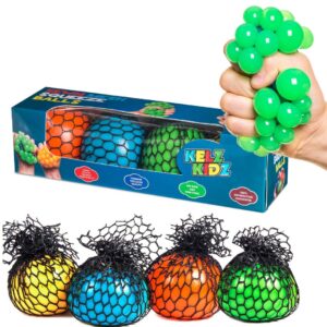 kelz kidz durable mesh squishy balls fidget toy with exclusive sewn mesh! (4 pack gift pack!)