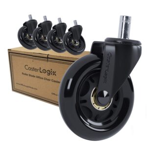 office chair caster wheels (set of 5) [heavy duty, soft rubber, fully safe for all floors incl. hard-wood] desk chair roller style caster wheel replacement - black color