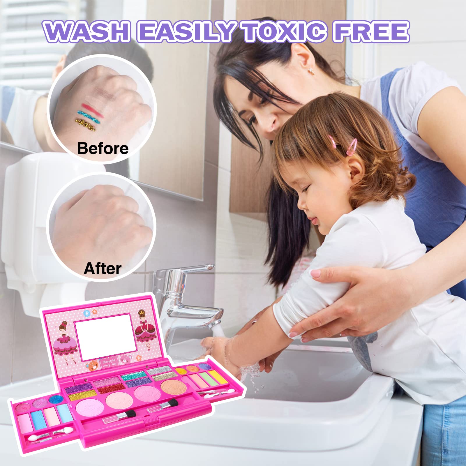 AMOSTING Real Makeup Toy for Girls Pretend Play Cosmetic Set Make Up Toys Kit Gifts for Toddler Kids