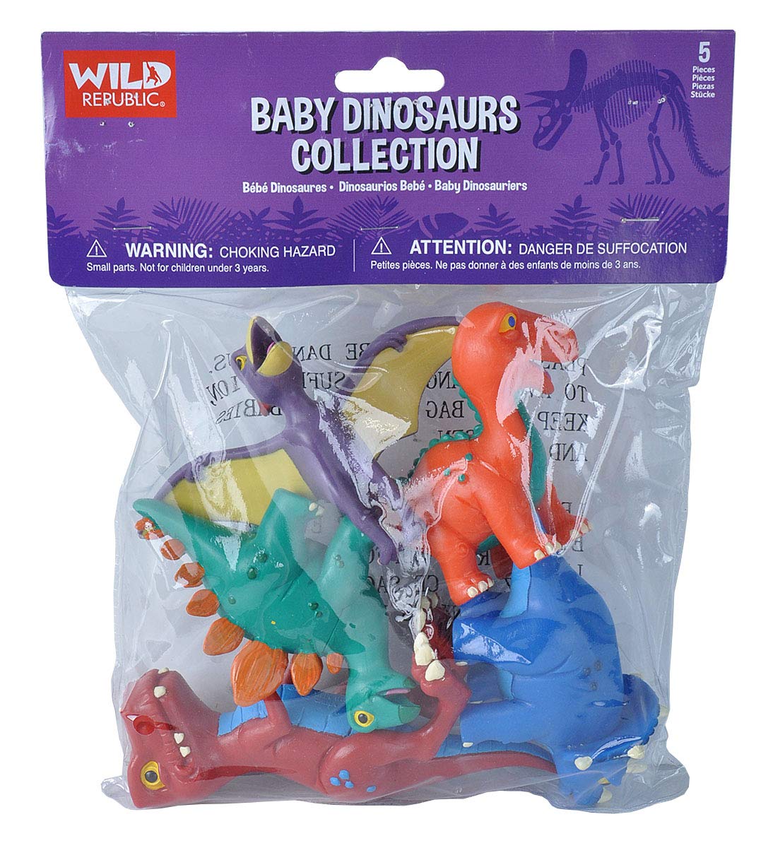 Wild Republic Baby Dino Polybag, T-Rex, Stegosaurus, Brachiosaurus, Triceratops, Pteranodon, Dinosaur Figures, Gifts for Kids, 5 Piece Set