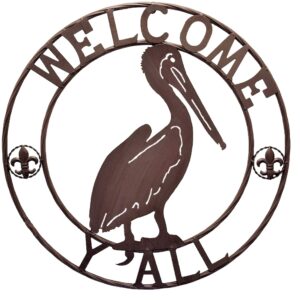 bestgiftever 24" metal pelican welcome sign - circle wall art for louisiana coastal décor, nautical outdoor hanging decoration, fleur de lis accent, ideal for beach house, patio, front porch or garden