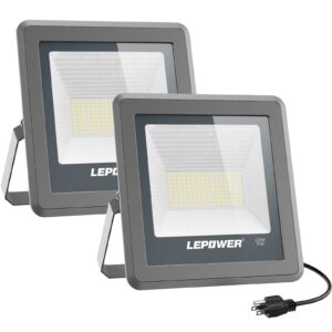 lepower 100w led flood light, 10000lm work light with plug, equiv 500w halogen, 6000k white light, ip66 waterproof outdoor floodlight for garage, garden, lawn, basketball court, playground 2 pack