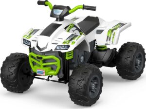 power wheels racing atv ride-on battery powered vehicle with multi-terrain traction for preschool kids ages 3+ years, silver​