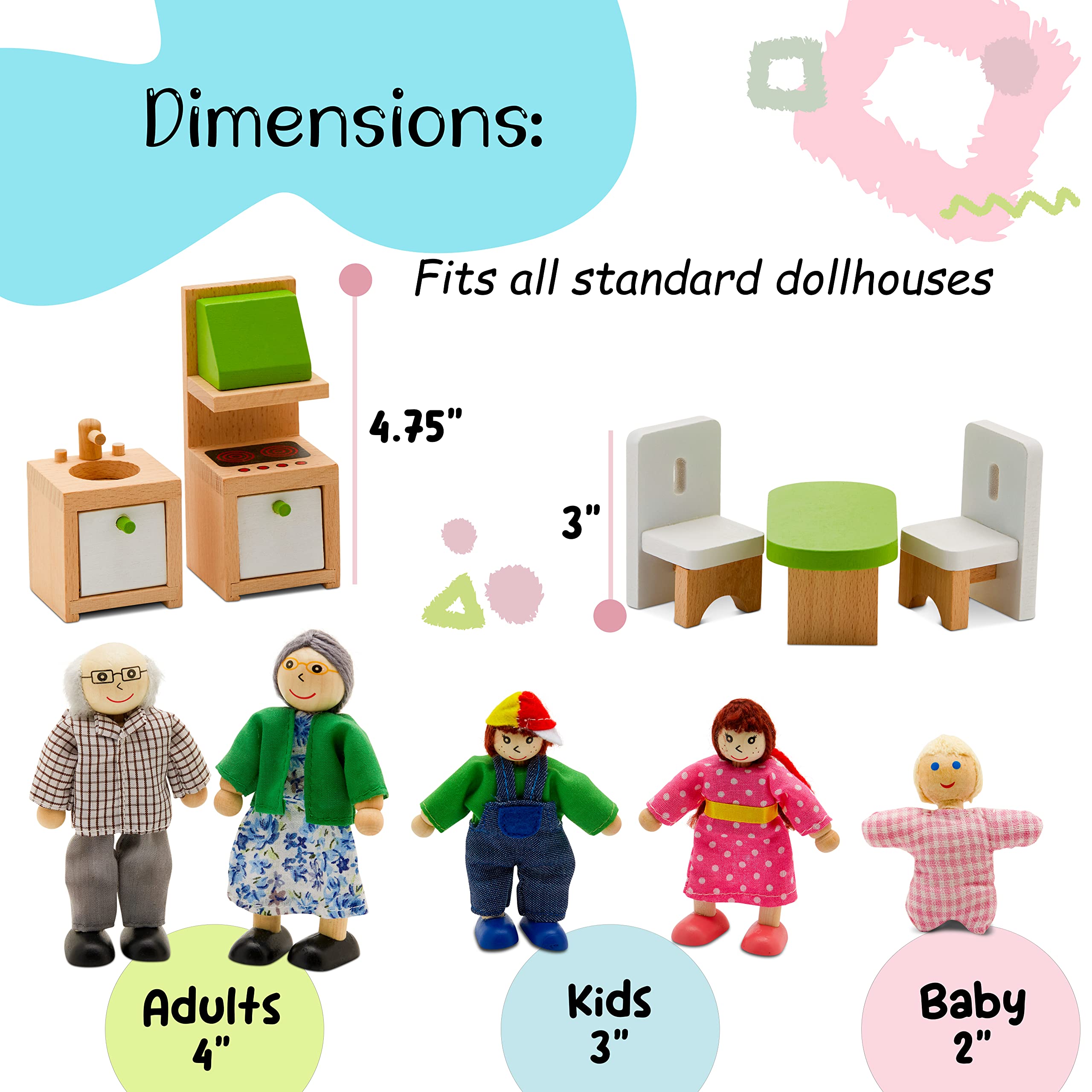 Dollhouse Furniture Set - Wooden - Living Room, Bedroom and Kitchen Accessories, Family Members, Pet – 100% Natural Wood, Nontoxic Paint, Smooth Edges