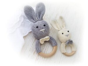 natural wooden baby toys cotton crochet bunny teething ring teether rattle set of 2 newborn unisex baby (grey mama white baby)