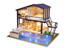 cuteroom dollhouse miniature with furniture, 3d wooden miniature doll house with music box & led lights,1:24 scale diy house kit (a066)