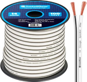 installgear 14 gauge awg speaker wire true spec and soft touch cable wire (100ft white/black) - for car speakers, stereos, home theater speakers, surround sound, radio - 14 gauge wire/speaker cable