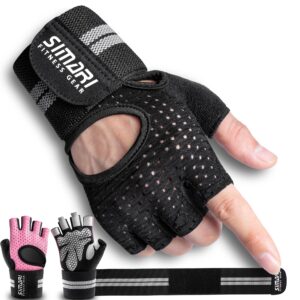 simari breathable workout gloves for men women, padded weight lifting gloves with wrist wraps support, full palm protection, grip for gym training, fitness, weightlifting, exercise fingerless black