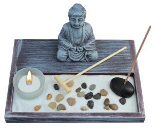 zen garden deluxe desk meditation garden grey buddha statue with rocks, tea light holder, rake, incense and incense holder, sand and base - peace & tranquility (candle not included)