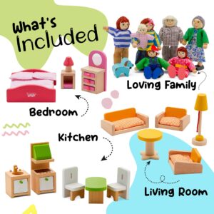 Dollhouse Furniture Set - Wooden - Living Room, Bedroom and Kitchen Accessories, Family Members, Pet – 100% Natural Wood, Nontoxic Paint, Smooth Edges