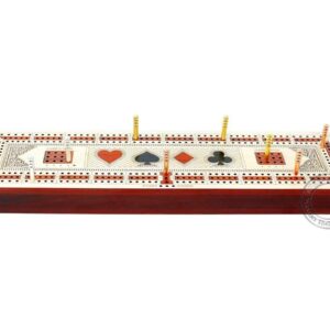 House of Cribbage - 3 Track Continuous Cribbage Board Inlaid in Maple Wood/Bloodwood - Size: 12.5 Inch - Wood Inlaid Card Symbols (Suits) + Storage Drawer for Cribbage Pegs