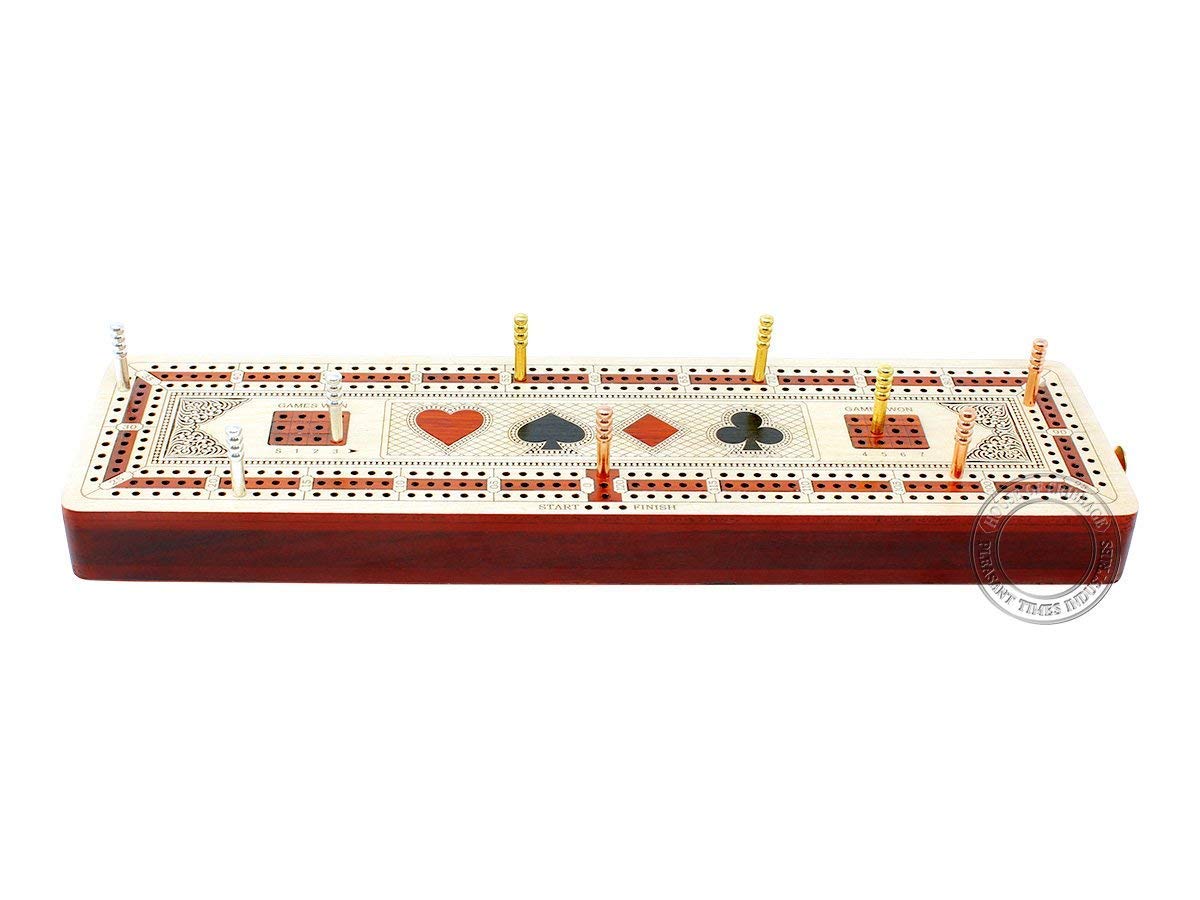 House of Cribbage - 3 Track Continuous Cribbage Board Inlaid in Maple Wood/Bloodwood - Size: 12.5 Inch - Wood Inlaid Card Symbols (Suits) + Storage Drawer for Cribbage Pegs