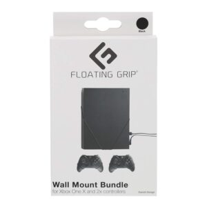 xbox one x wall mount by floating grip - mounting kit for hanging gaming consoles - strong & slim ropes - easy-to-install system (bundle: fits xbox one x + x2 controllers, black)