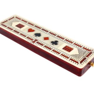 House of Cribbage - 3 Track Continuous Cribbage Board Inlaid in Maple Wood/Bloodwood - Size: 12.5 Inch - Wood Inlaid Card Symbols (Suits) + Storage Drawer for Cribbage Pegs