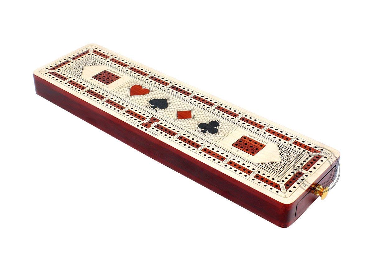 House of Cribbage - 3 Track Continuous Cribbage Board Inlaid in Maple Wood/Bloodwood - Size: 12.5 Inch - Wood Inlaid Card Symbols (Suits) + Storage Drawer for Cribbage Pegs