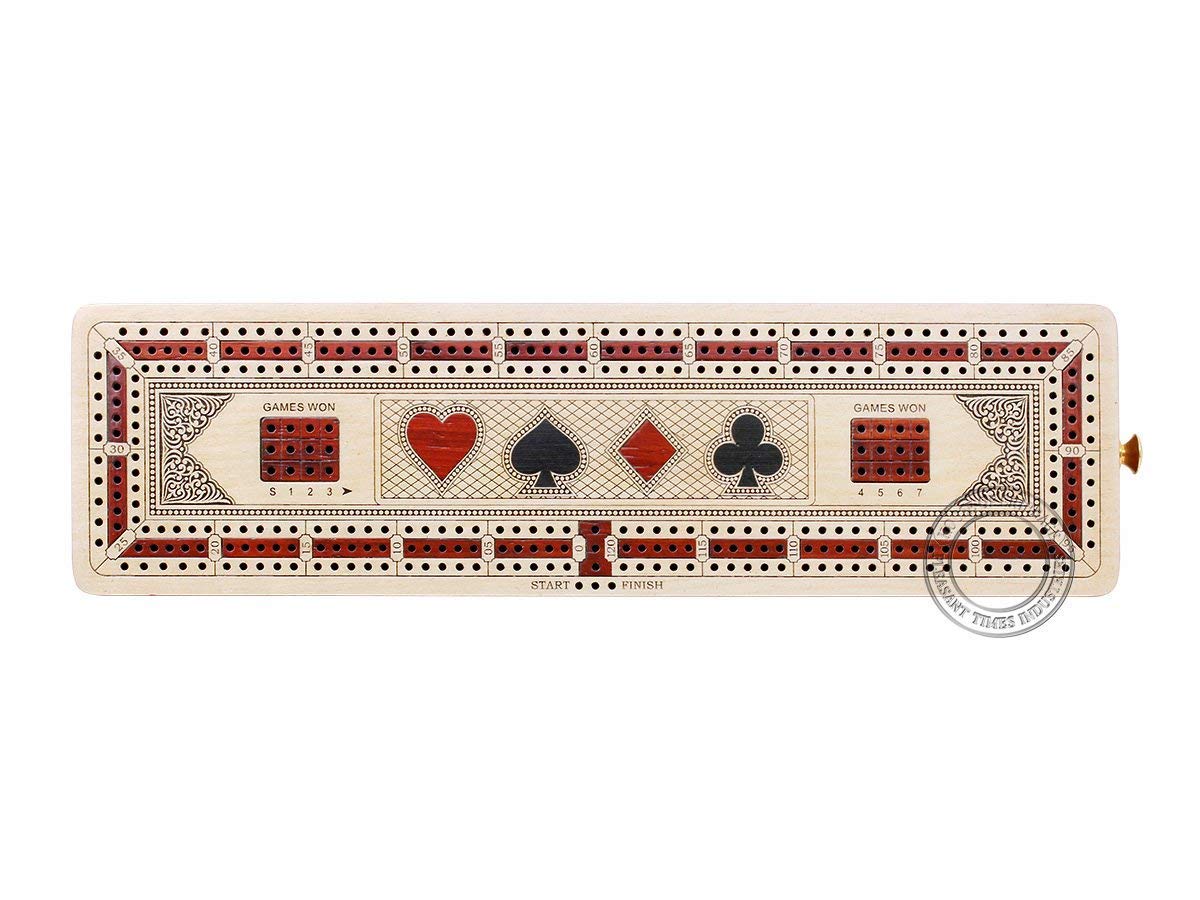 House of Cribbage - 3 Track Continuous Cribbage Board Inlaid in Maple Wood/Bloodwood - Size: 12.5 Inch - Wood Inlaid Card Symbols (Suits) + Storage Drawer for Cribbage Pegs