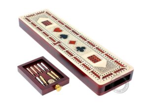 house of cribbage - 3 track continuous cribbage board inlaid in maple wood/bloodwood - size: 12.5 inch - wood inlaid card symbols (suits) + storage drawer for cribbage pegs