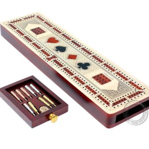 House of Cribbage - 3 Track Continuous Cribbage Board Inlaid in Maple Wood/Bloodwood - Size: 12.5 Inch - Wood Inlaid Card Symbols (Suits) + Storage Drawer for Cribbage Pegs