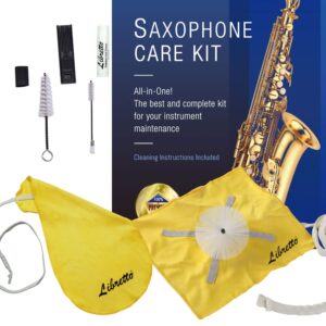 libretto alto saxophone all-inclusive giftable care kit: mouthpiece brush + dust brush + 2 microfiber cleaning swab + thumb cushion + premium cork grease + reed case, handy case, extend life of sax!