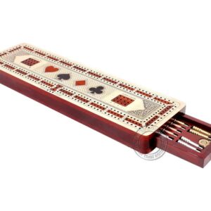 House of Cribbage - 3 Track Continuous Cribbage Board Inlaid in Maple Wood/Bloodwood - Size: 12.5 Inch - Wood Inlaid Card Symbols (Suits) + Storage Drawer for Cribbage Pegs