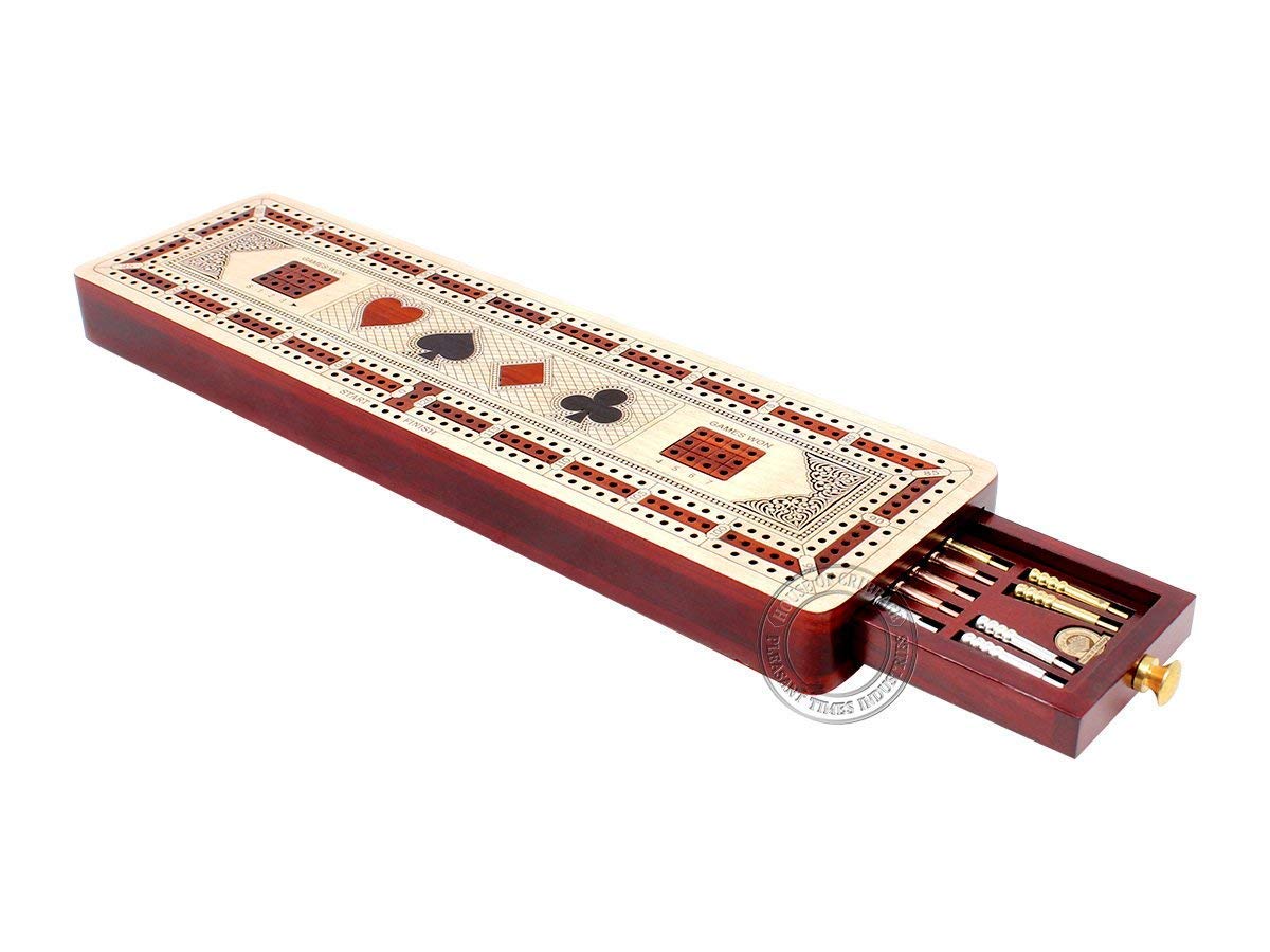 House of Cribbage - 3 Track Continuous Cribbage Board Inlaid in Maple Wood/Bloodwood - Size: 12.5 Inch - Wood Inlaid Card Symbols (Suits) + Storage Drawer for Cribbage Pegs