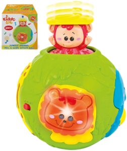 jungle animal roll & learn fun baby activity ball. activity center with light, sounds and music. crawling toys for 6 month old and up boys. electronic playtime light up monkey ball toy for toddlers