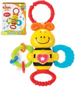 kiddolab twist & rattle musical bee light-up toy and teething ring for toddlers - sensory chew and fine motor skills toy for newborn - baby rattle and teething toys for 3+ months babies