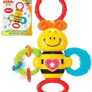 KiddoLab Twist & Rattle Musical Bee Light-Up Toy and Teething Ring for Toddlers - Sensory Chew and Fine Motor Skills Toy for Newborn - Baby Rattle and Teething Toys for 3+ Months Babies