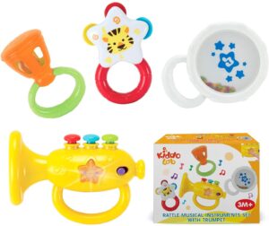 kiddolab musical instruments set with an electronic trumpet and rattles for babies. toddler learning toys for early development. first infant music toy for 3 to 18 months old