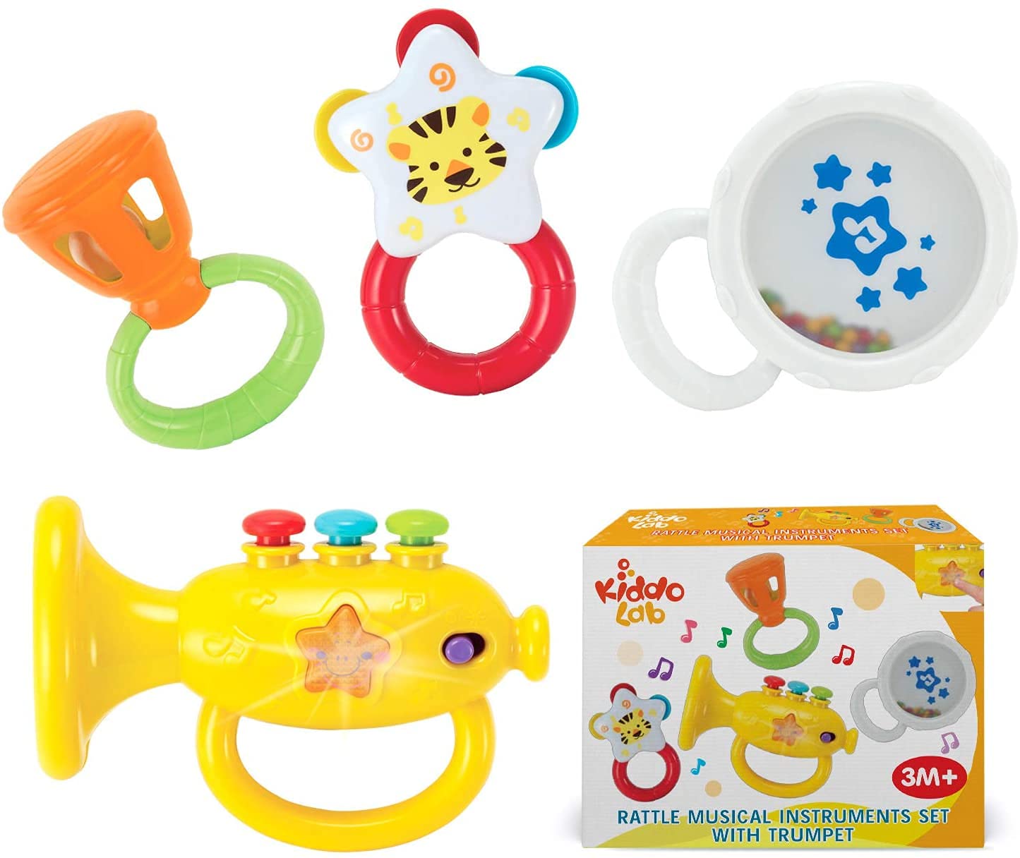 KiddoLab Musical Instruments Set with an Electronic Trumpet and Rattles for Babies. Toddler Learning Toys for Early Development. First Infant Music Toy for 3 to 18 Months Old